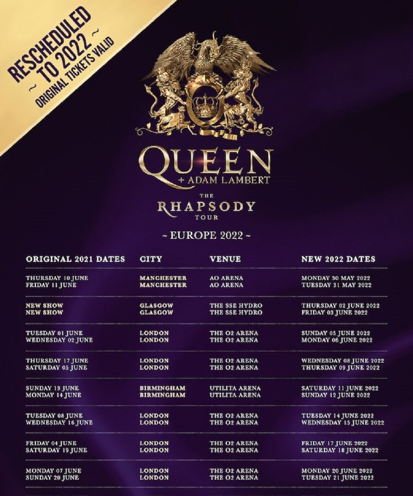 Queen & Adam Lambert - The Rhapsody Tour: UK & Europe 2022 - 14 June ...